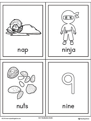 Letter N Words and Pictures Printable Cards: Nap, Ninja, Nuts, Nine ...