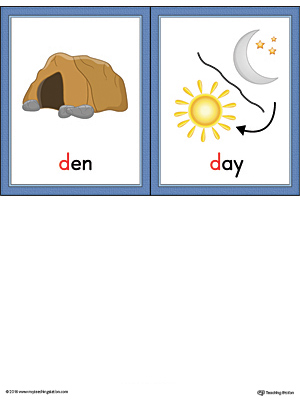 Letter D Words and Pictures Printable Cards: Den, Day (Color ...