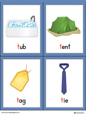 Letter T Words and Pictures Printable Cards: Tub, Tent, Tag, Tie (Color ...